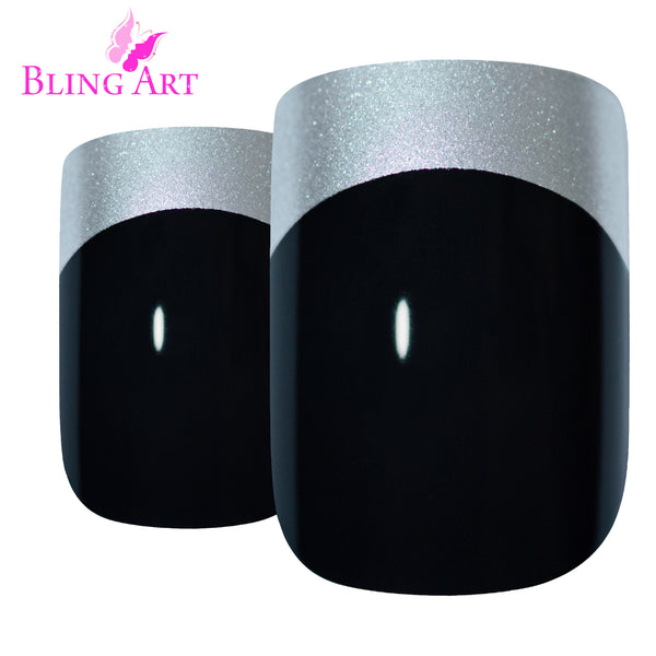 Black Silver French Manicure Press-On Nails UK | £3.99 or 5 for £10 ...